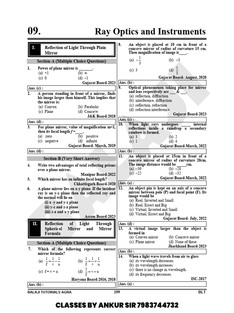 Class 12- Qb Physics Chap- (9) | PDF | Mirror | Refraction