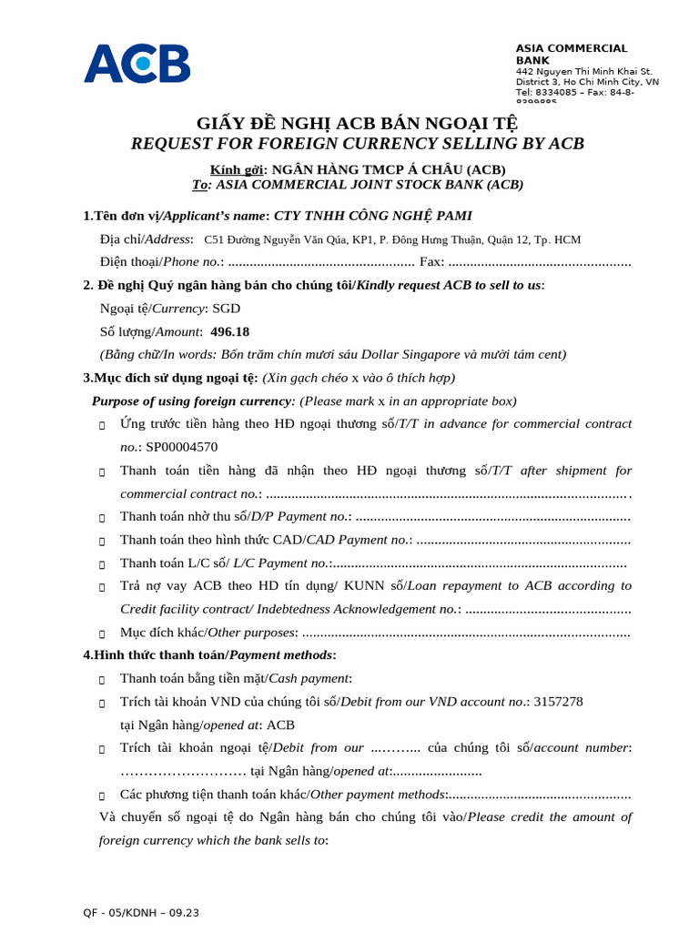 QF - 05 KDNH - 09.23 Giay de Nghi ACB Ban Ngoai Te 05.2023 PAMI - Song Ngu | PDF