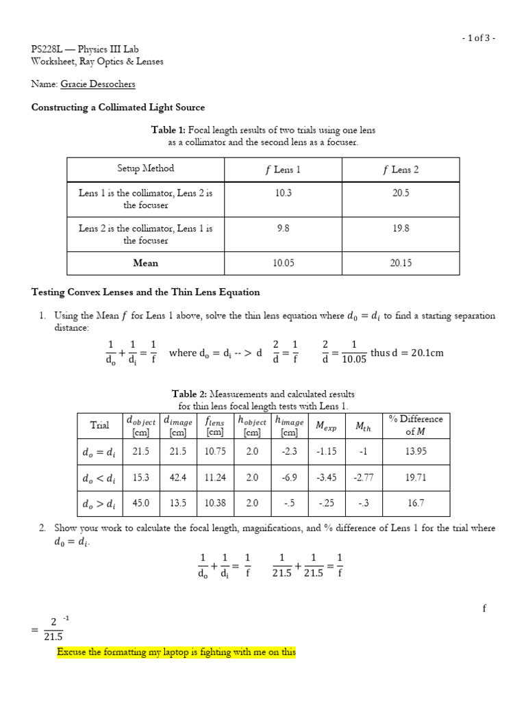 Ray Optics and Lenses Worksheet ERAU | PDF | Electrodynamics | Applied ...
