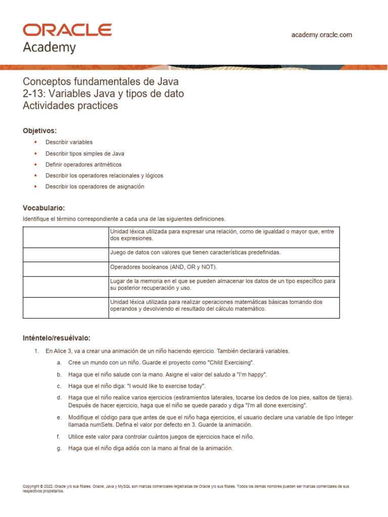 JF 2 13 Practice Esp | PDF | Java (lenguaje de programación) | Programación de computadoras