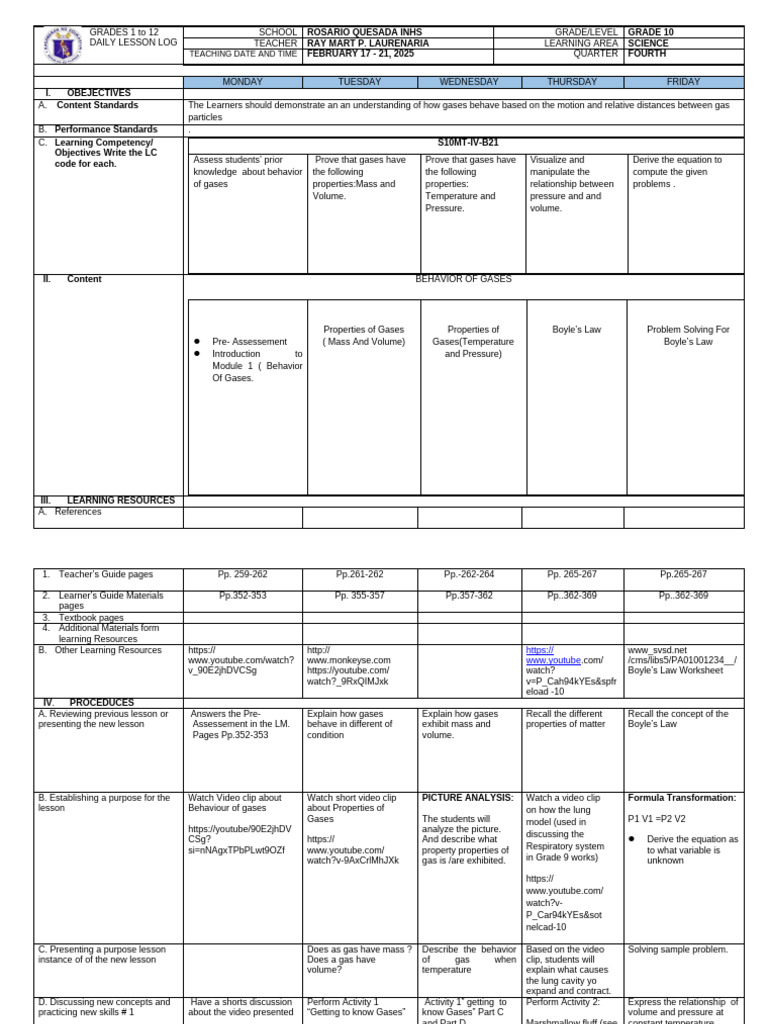 DLL Grade 10 Laurenaria | PDF | Gases | Pressure
