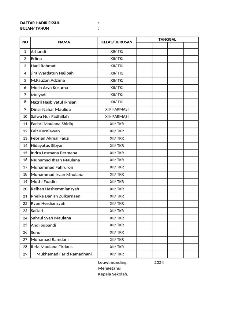 Daftar Hadir Ekskul | PDF