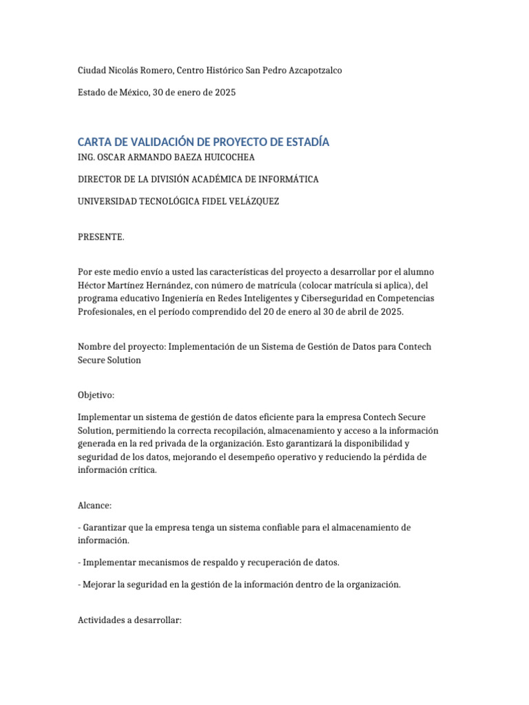 Carta Validacion Proyecto 2 | PDF