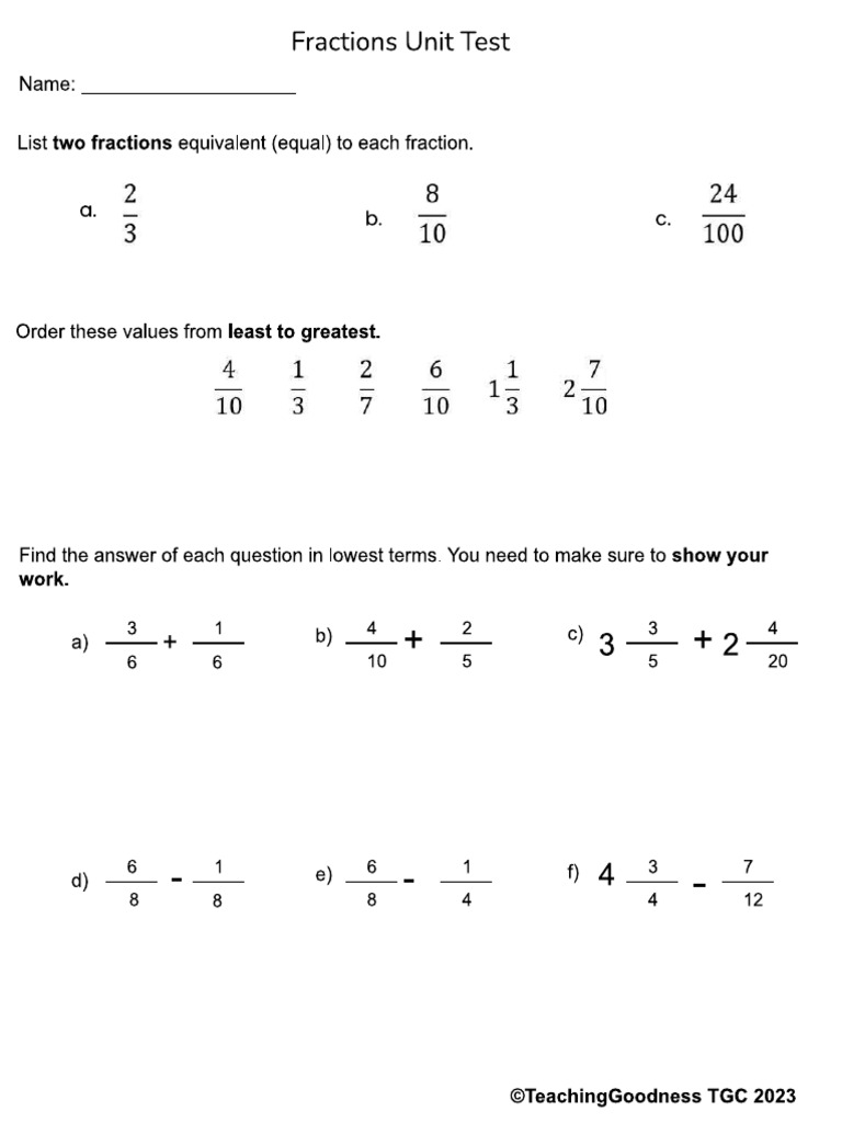 Fractions Unit Test Complete | PDF