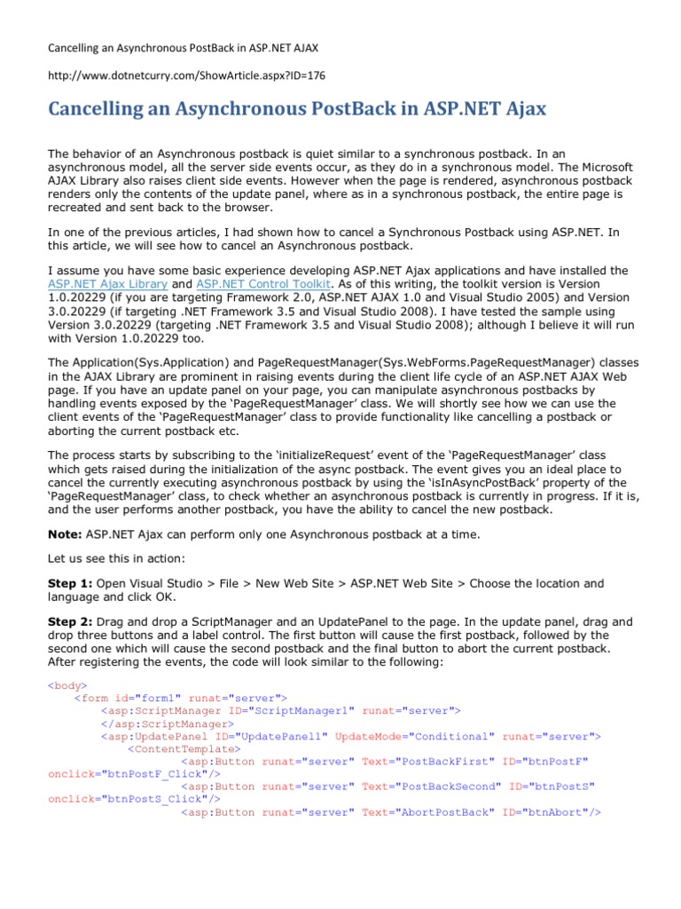 Cancelling An A Synchronous PostBack in ASP | PDF | Ajax (Programming) | Active Server Pages