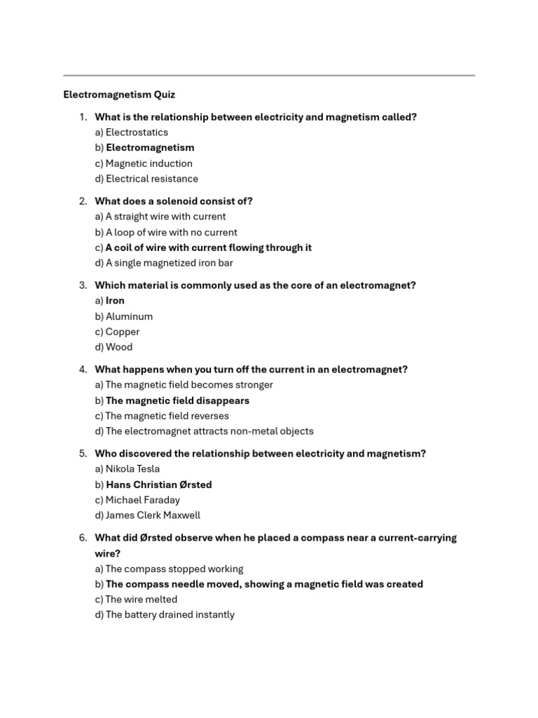 Electromagnetism Quiz for Grade 7 | PDF | Magnetic Field | Electricity