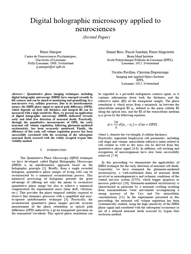 Digital Holographic Microscopy in Neuroscience | PDF | Holography | Optics