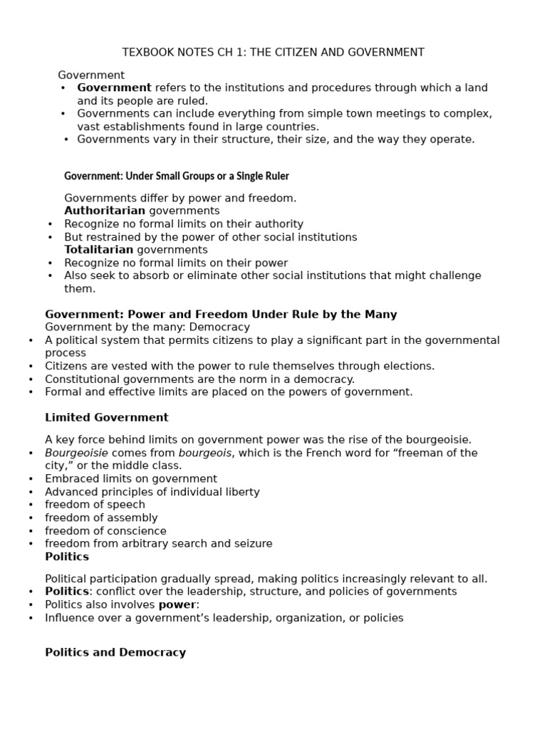 Textbook Notes CH 1 The Citiezen & Government | PDF | Democracy ...