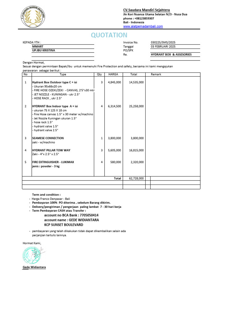 Quotation Hydrant Assesories Mmart | PDF