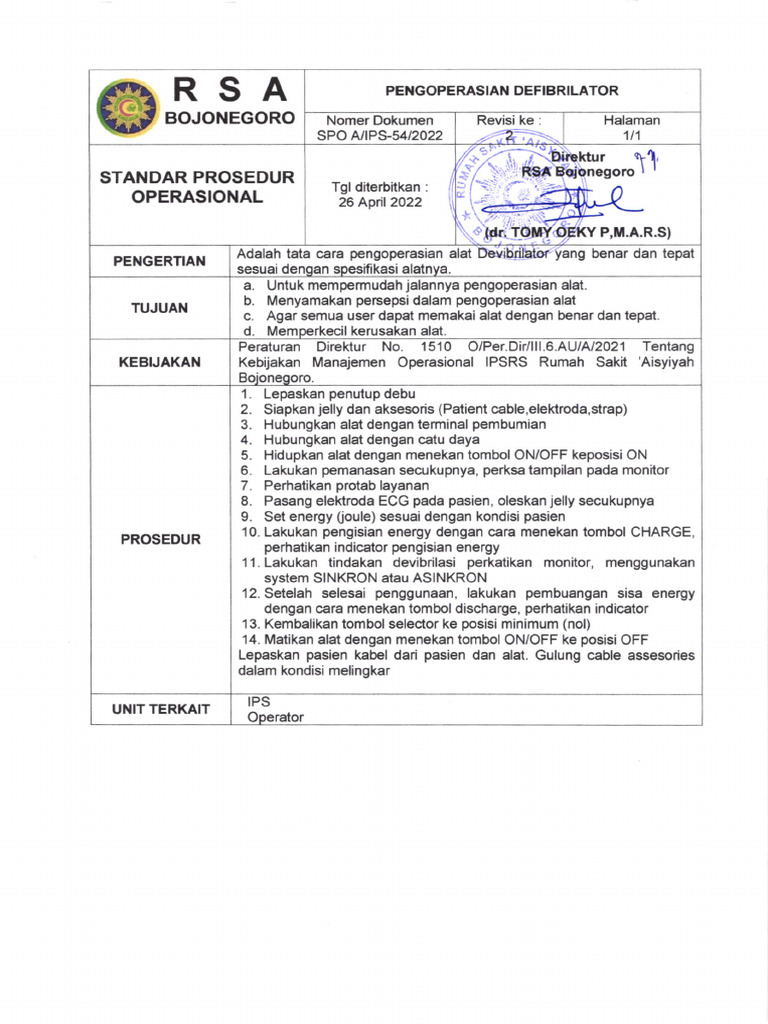 SPO a IPS.54.2022 Pengoperasian Defibrilator (1) | PDF