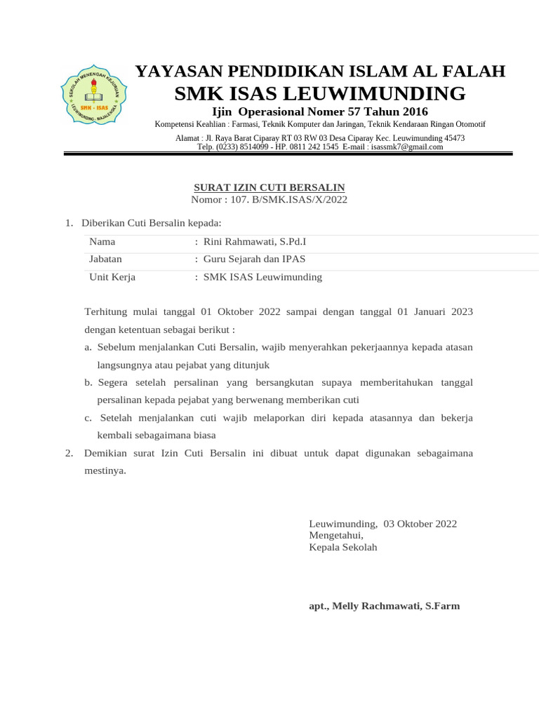 Surat Izin Cuti Bersalin Guru SMK ISAS | PDF