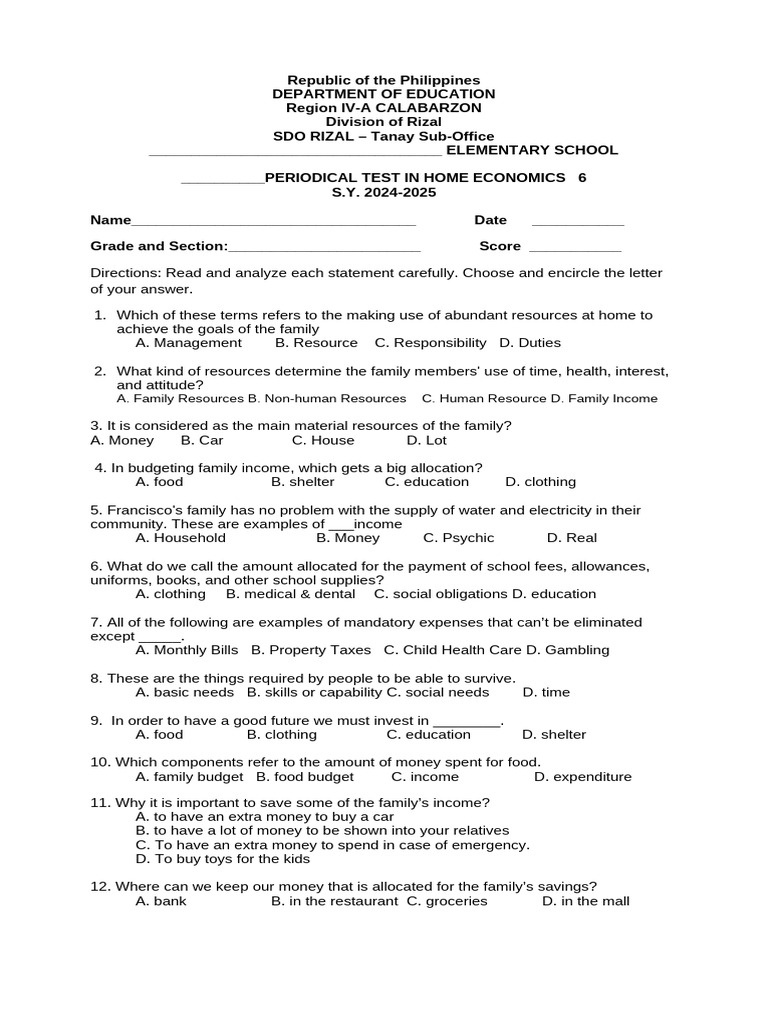Home Economics Test 24 25 Edited 2 | PDF | Textiles | Sewing