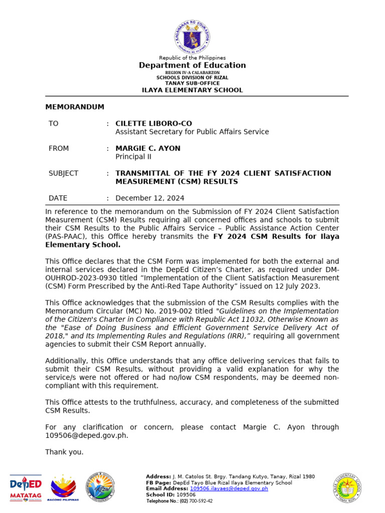 Transmittal of The Fy 2024 Client Satisfaction Measurement (CSM ...