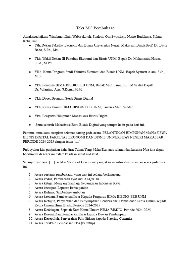 Teks MC Pembukaan | PDF