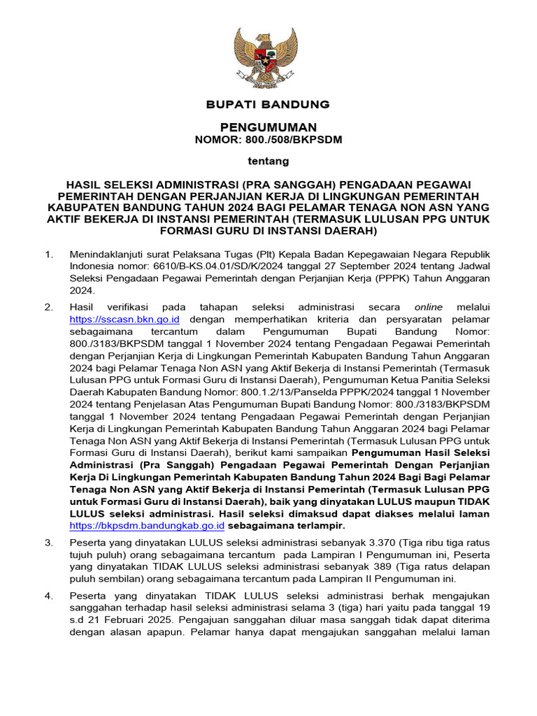 Pengumuman Dan Lampiran Hasil Seleksi Administrasi Pra Sanggah PPPK Tahap II Tahun 2024 v2 1 | PDF