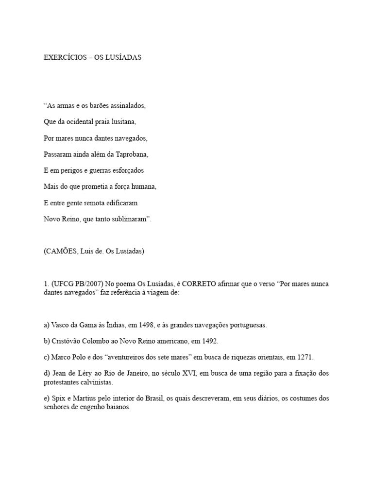 Exercícios - Os Lusíadas | PDF | Amor