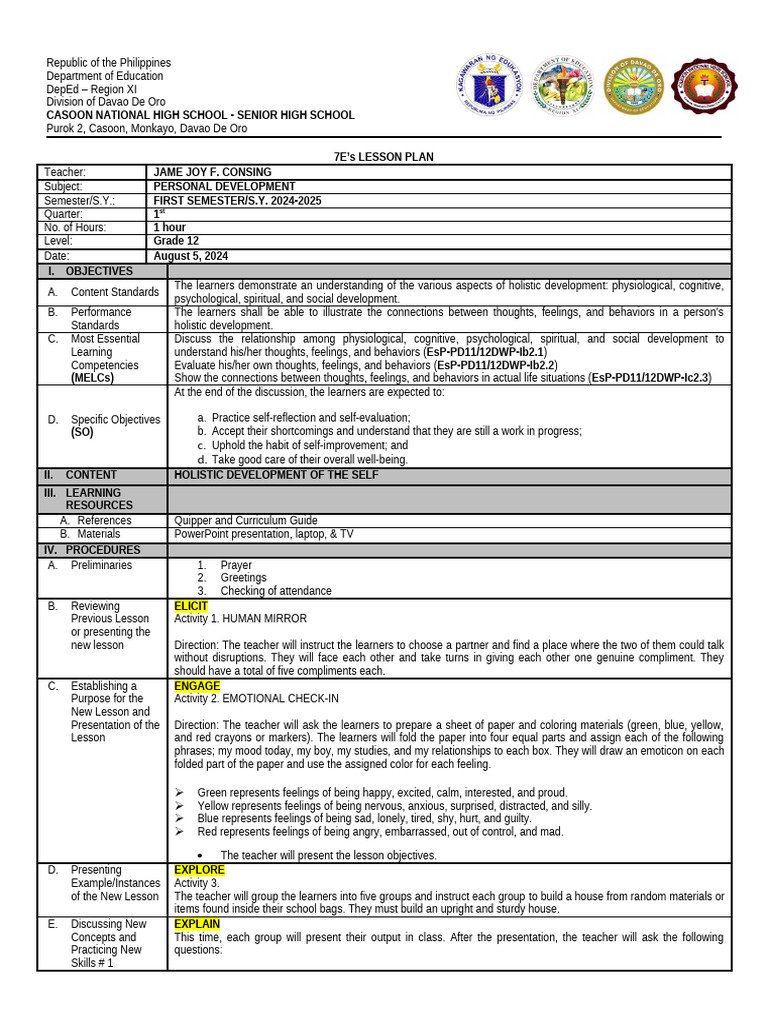 Lesson Plan Week 2 Day 1 - Perdev 12 | PDF | Learning | Meditation