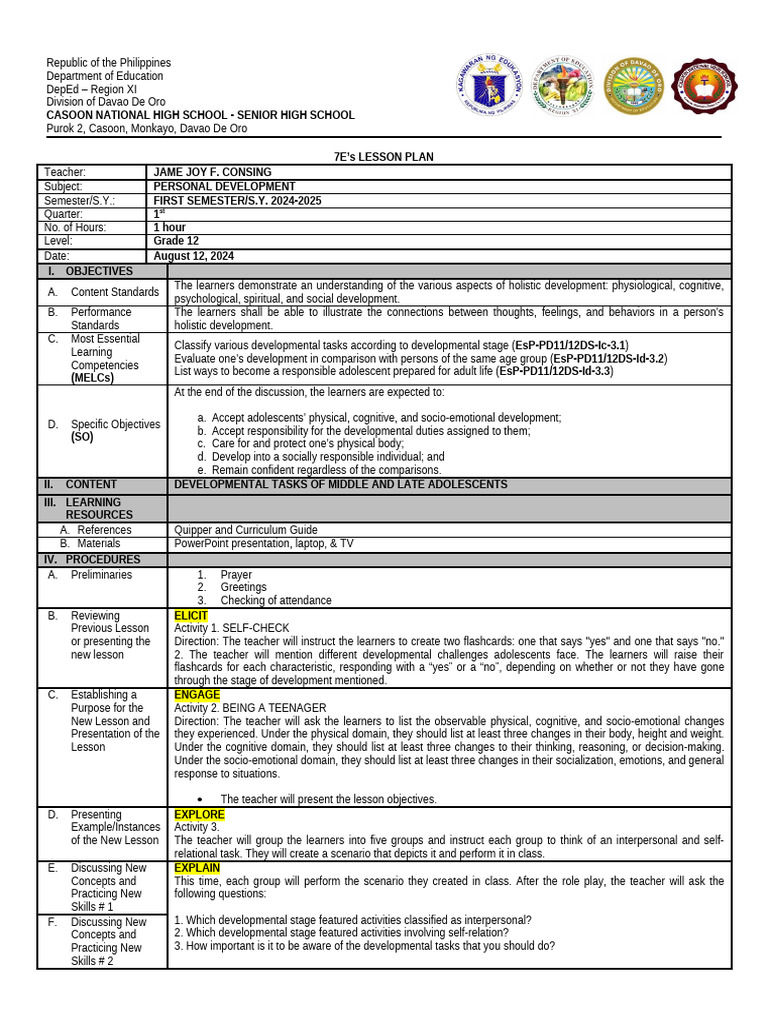 Lesson Plan Week 3 Day 1 - Perdev 12 | PDF | Adolescence | Learning