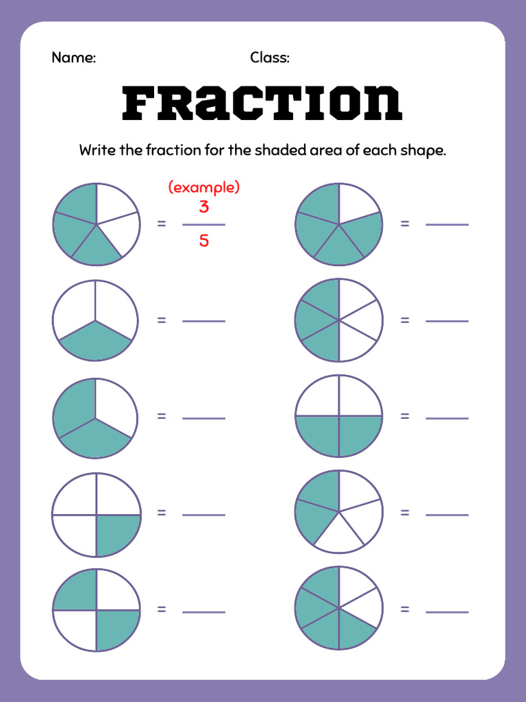 Purple and Green Simple Fraction Illustration Mathematics Worksheet PDF ...