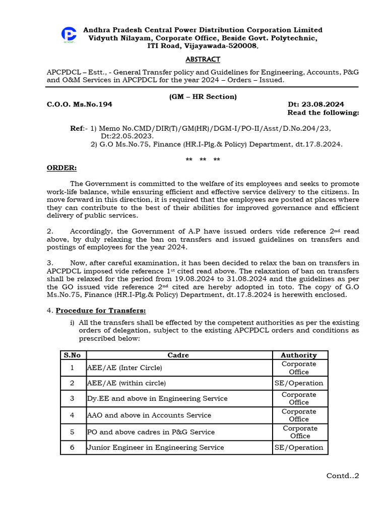 APCPDCL Transfer Policy COO 194 DT 23-8-2024 | PDF | Excise | Taxation