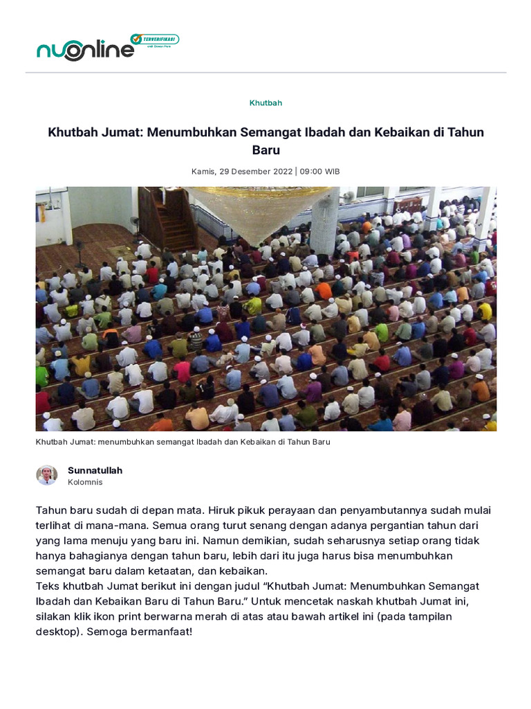 Khutbah Jumat - Menumbuhkan Semangat Ibadah Dan Kebaikan Di Tahun Baru | PDF