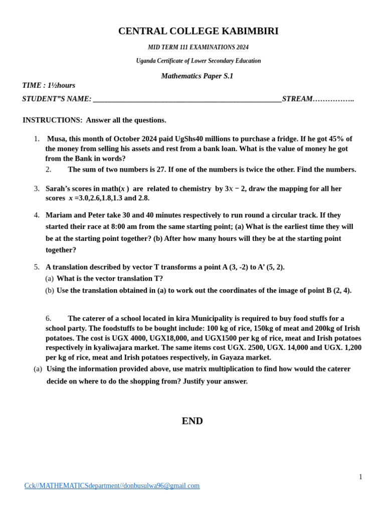 Central College Kabimbiri Math Exam 2024 | PDF