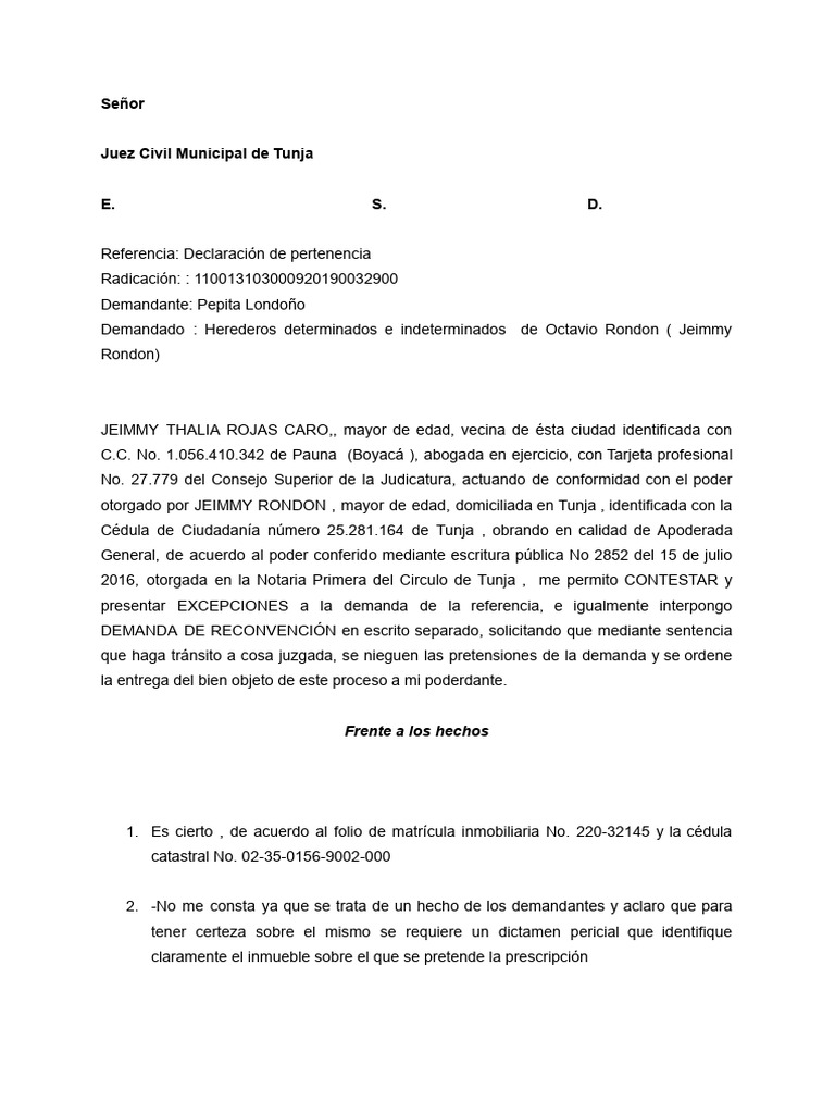 Contestación a demanda de pertenencia | PDF