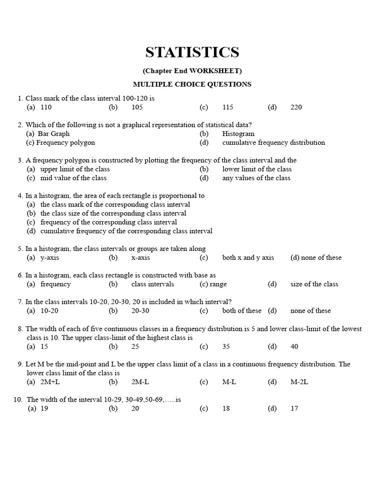 Statistics Multiple Choice Questions Worksheet | PDF | Histogram