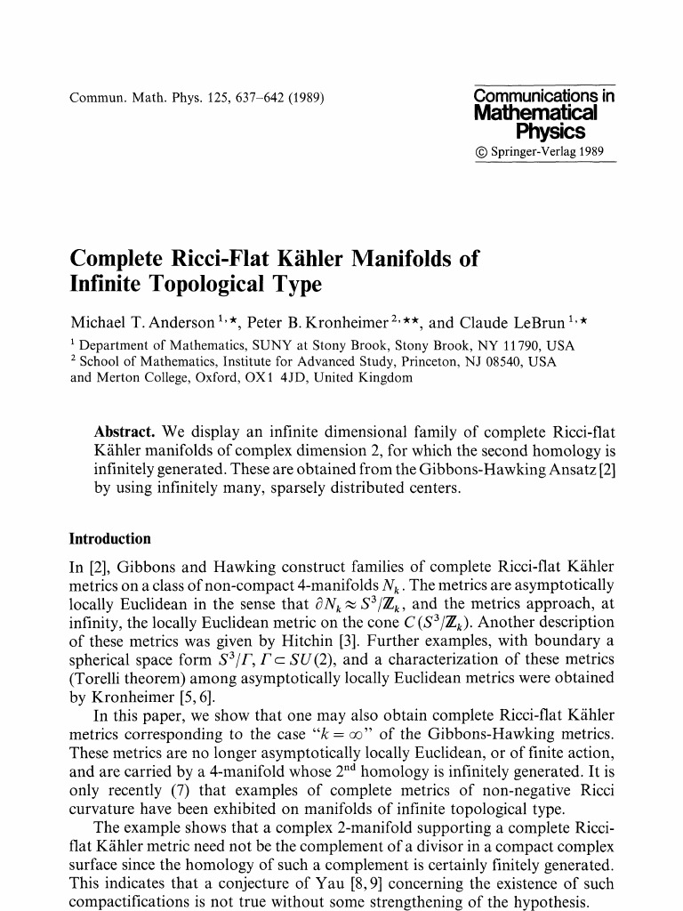 ANDERSON 1989 Complete Ricci-Flat Kahler-Manifolds of Infinite ...