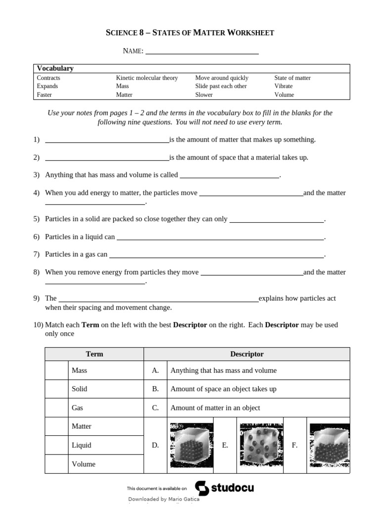 States of Matter Worksheet for 8th Grade | PDF | Gases | Matter