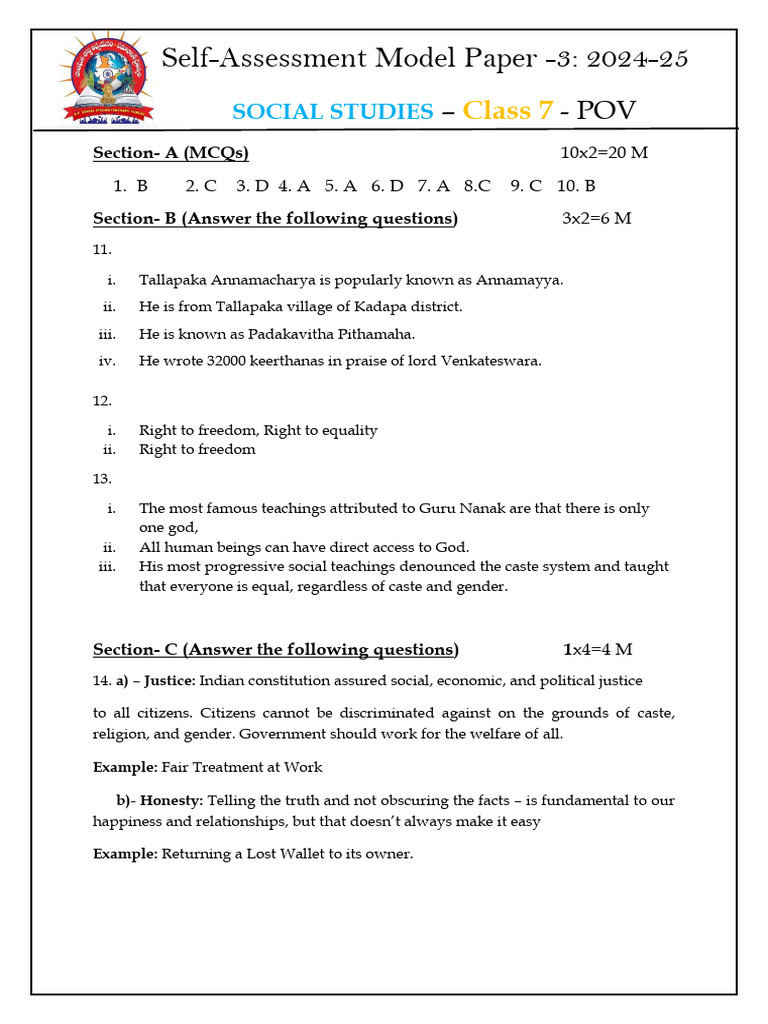7th Class Social Studies Key Paper 2024 | PDF