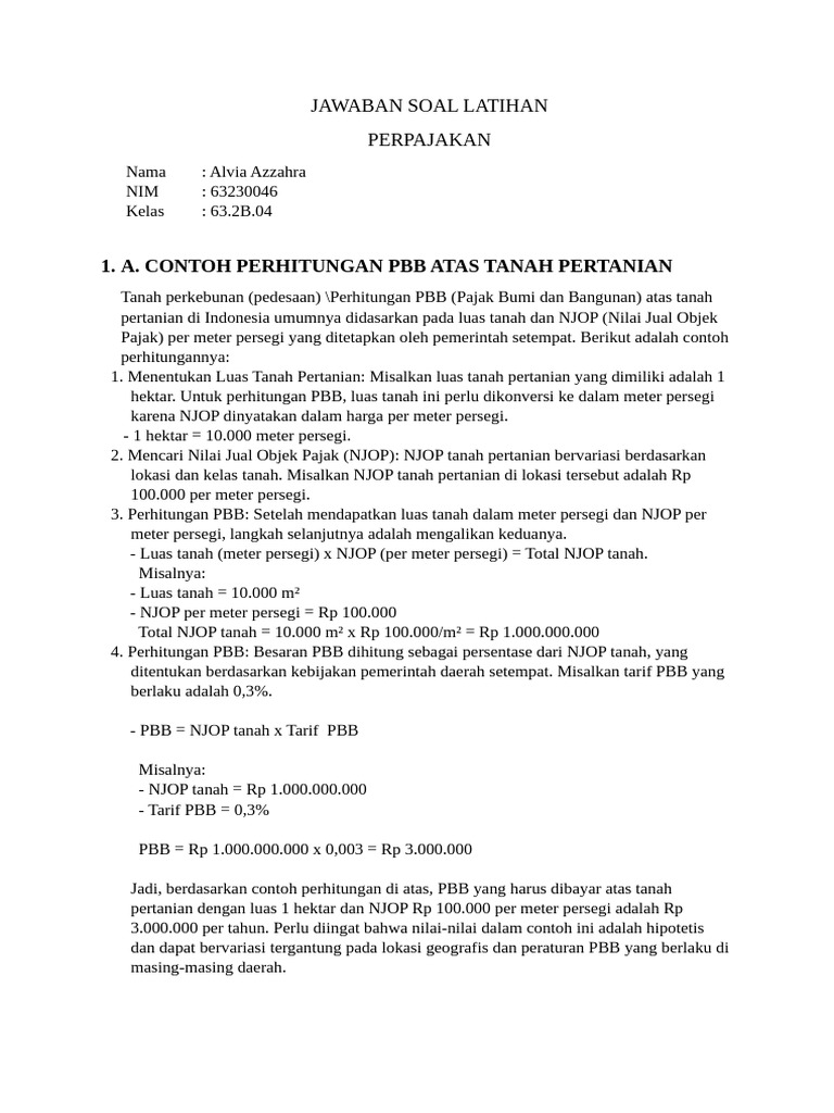 Tugas Perpajakan-Jawaban Contoh Perhitungan PBB-Alvia Azzahra-63230046 | PDF
