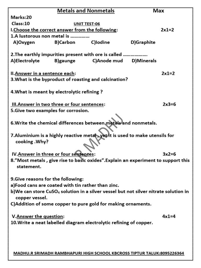 Class 10 Metals and Nonmetals Test | PDF