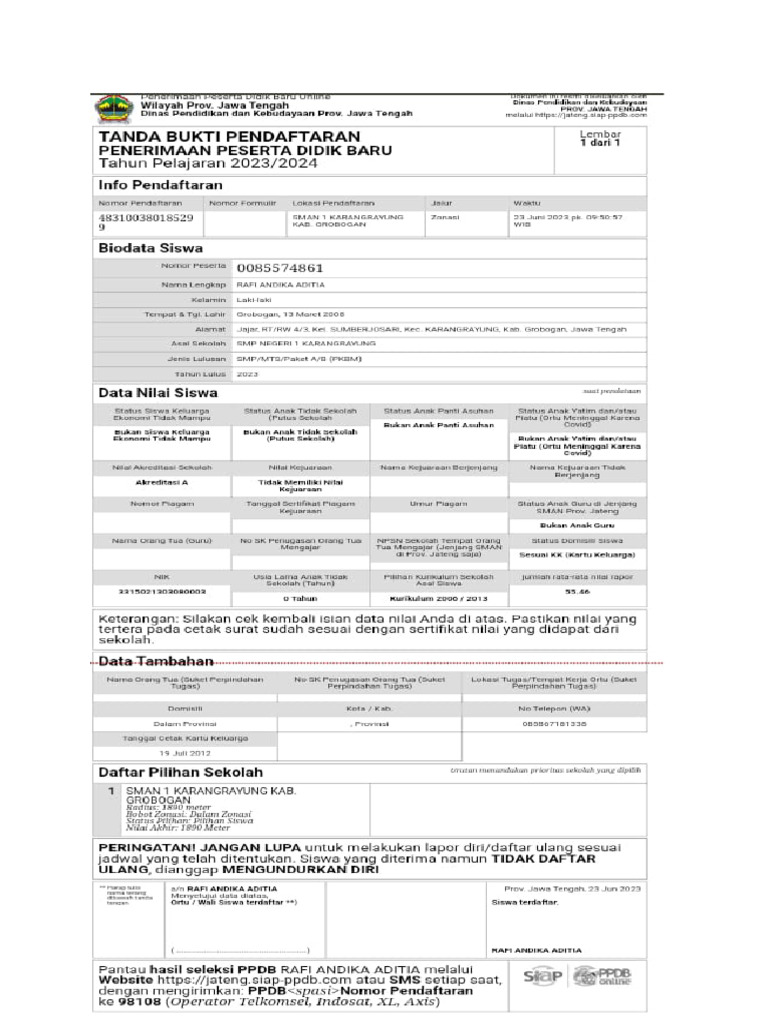 Bukti Pendaftaran Sma 1 Rafi 2 | PDF