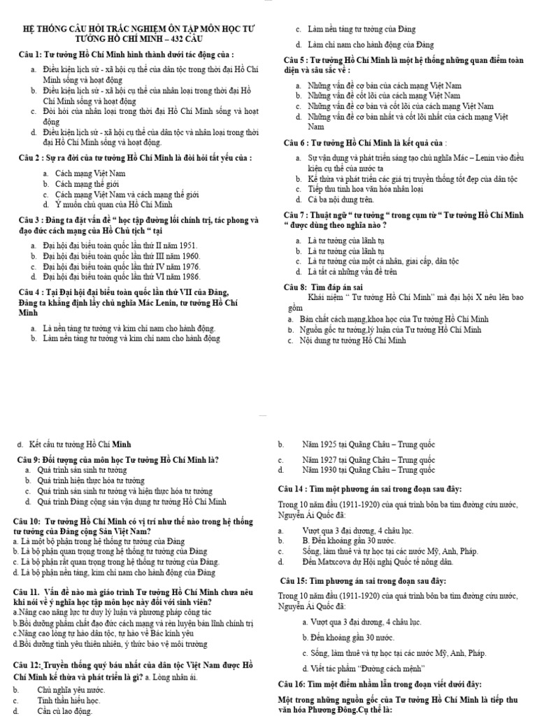 He Thong 432 Cau Hoi Trac Nghiem Mon TTHCM Truong Dai Hoc Quoc Te Dai 118581 | PDF