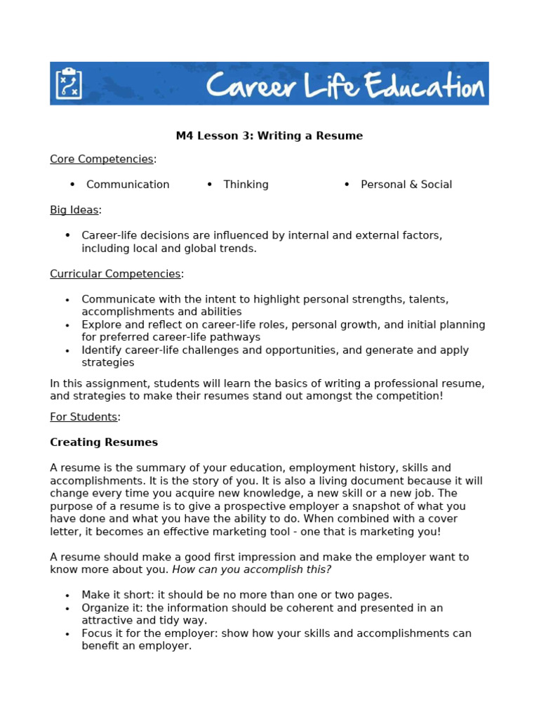 M4 Lesson 3 Writing A Resume | PDF | Résumé | Marketing Strategy