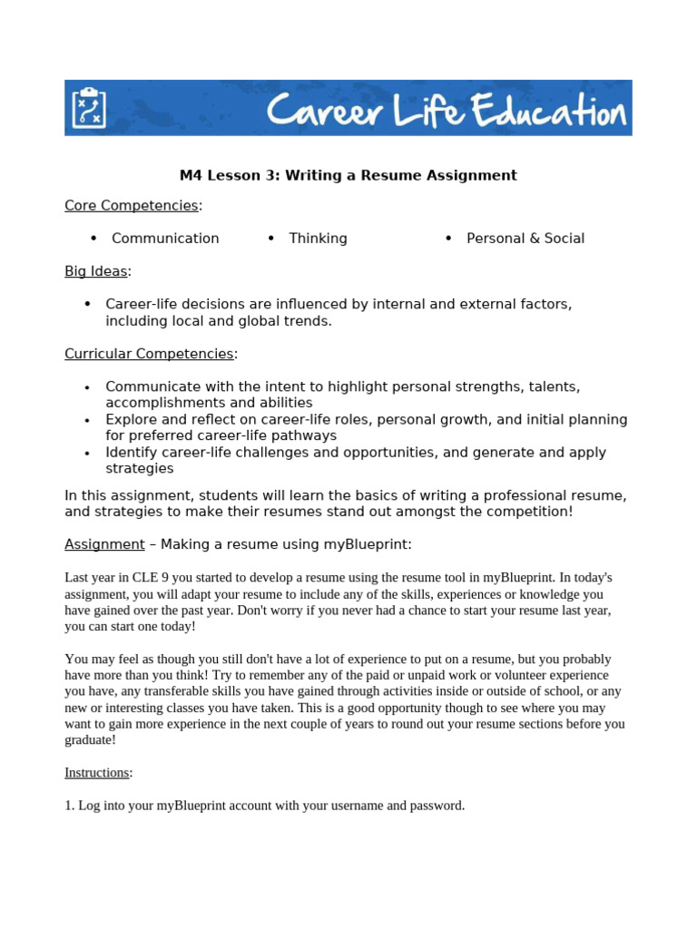 High School Resume Writing Assignment | PDF | Résumé | Behavior Modification