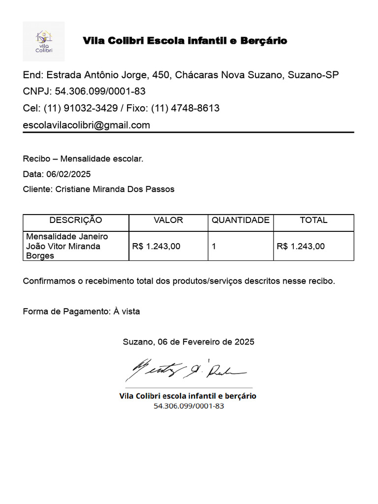 Recibo Mensalidade Escola Vila Colibri | PDF