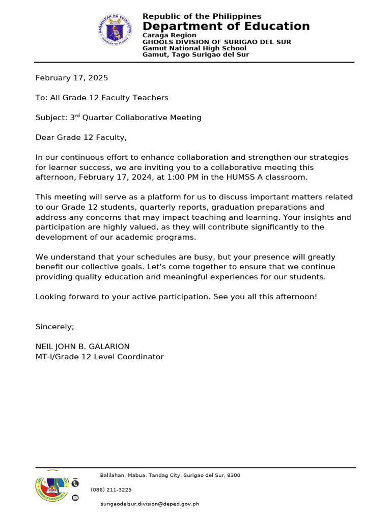 Letter For Faculty Meeting | PDF