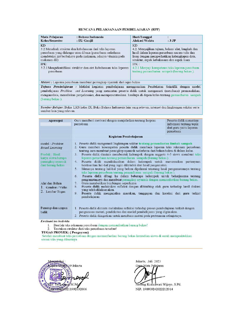 Adiwiyata - RPP B.IND Kelas 9. Pengolahan Sampah - Neneng KW | PDF