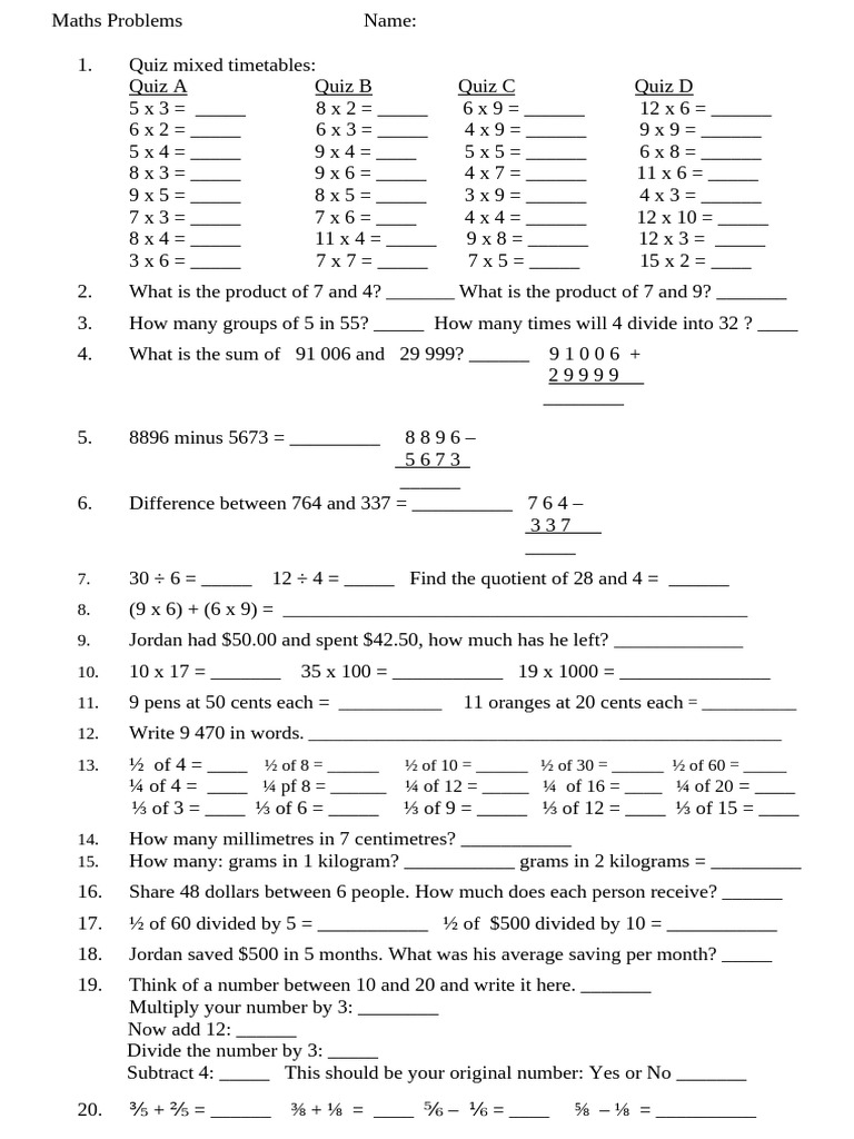 Maths Time Tables Quiz and Long Multiplication May 2019 | PDF ...