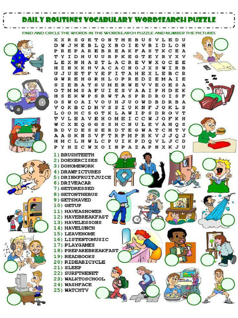 Daily Routines Vocabulary Wordsearch Puzzle Worksheet D4 | PDF