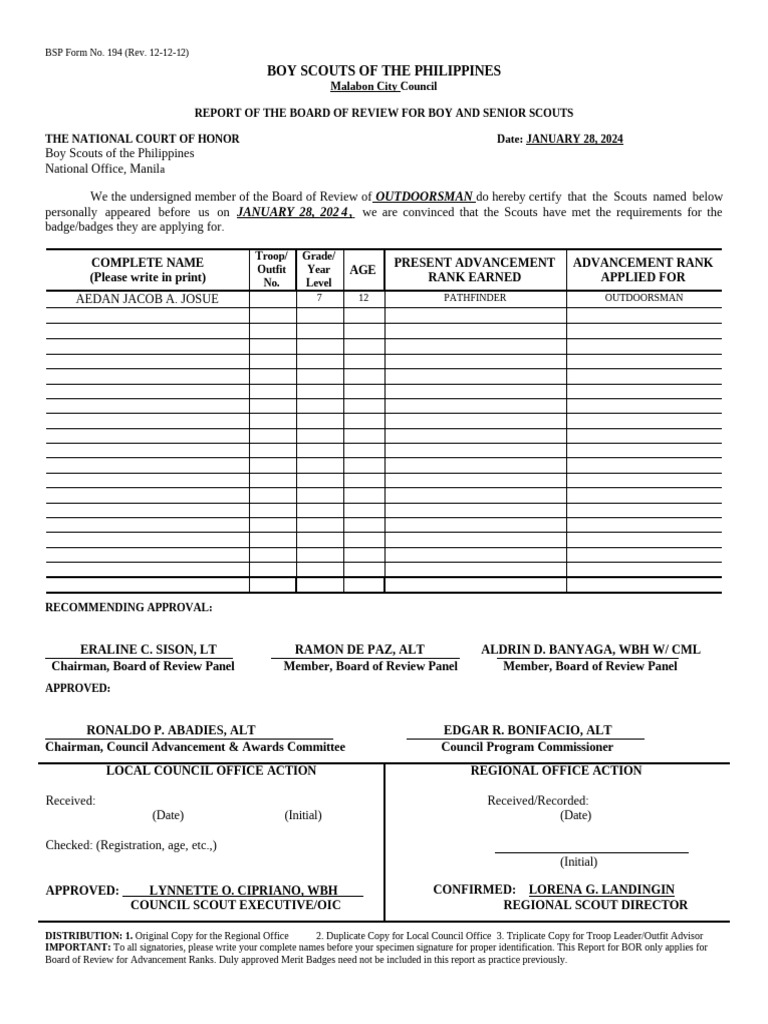 Revised BSP Form No 194 BOR Report For Boy Senior | PDF | Scouting ...