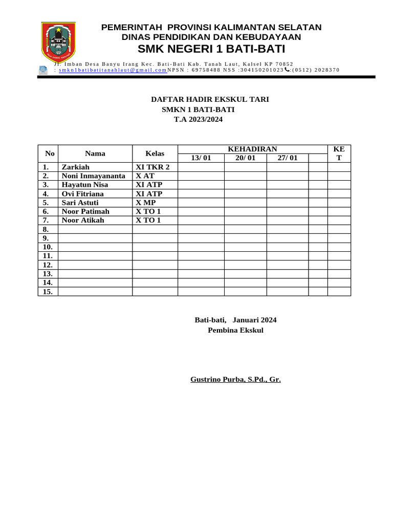 Absen Ekskul Tari | PDF
