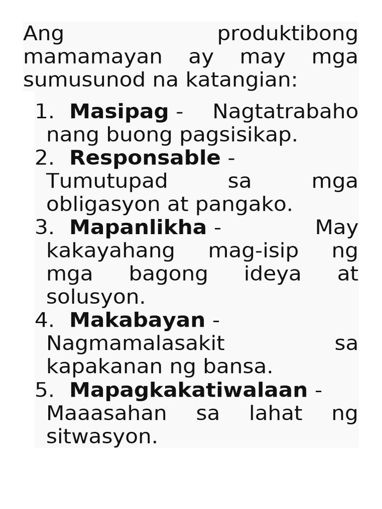 Ang Produktibong Mamamayan Ay May Mga Sumusunod Na Katangian | PDF