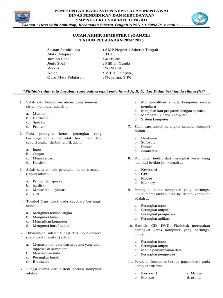 Soal Tik KLS 8 Smster 1 2024 | PDF