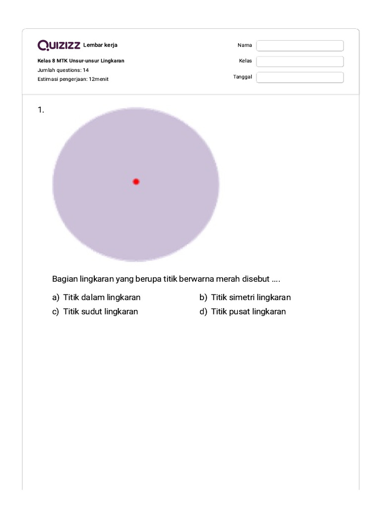 Kelas 8 MTK Unsur-Unsur Lingkaran - Quizizz | PDF