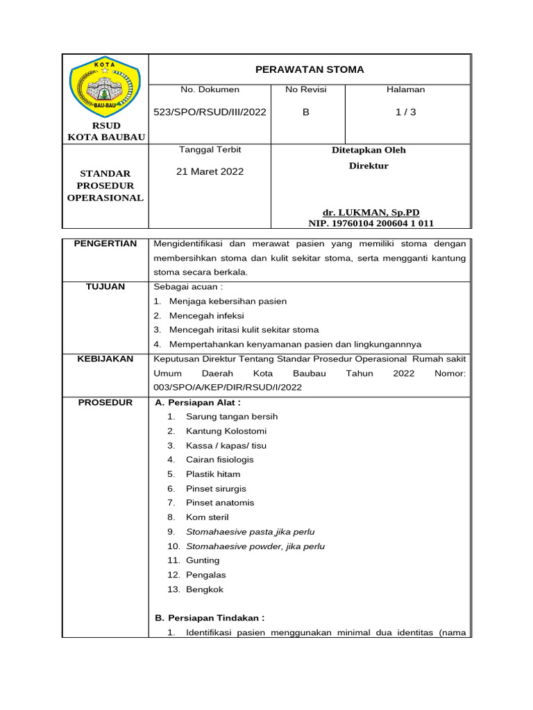 Prosedur Perawatan Stoma RSUD Baubau | PDF