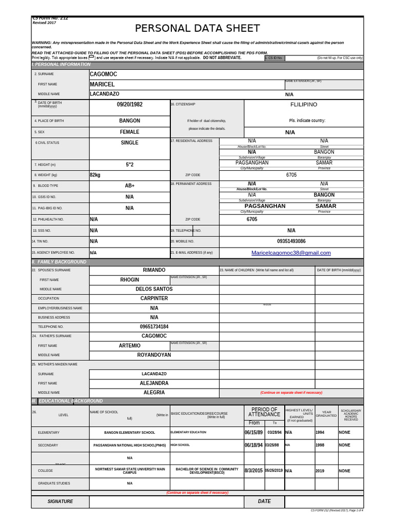 Personal Data Sheet Template | PDF | Government | Justice