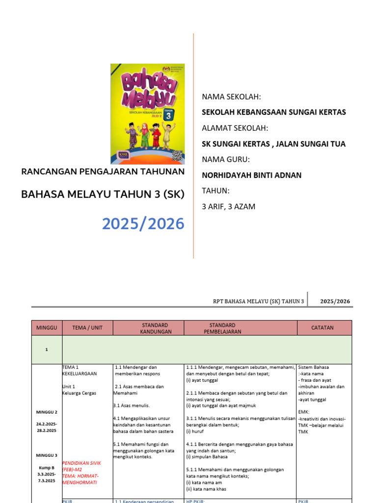 RPT Bahasa Melayu Tahun 3 2025/2026 | PDF